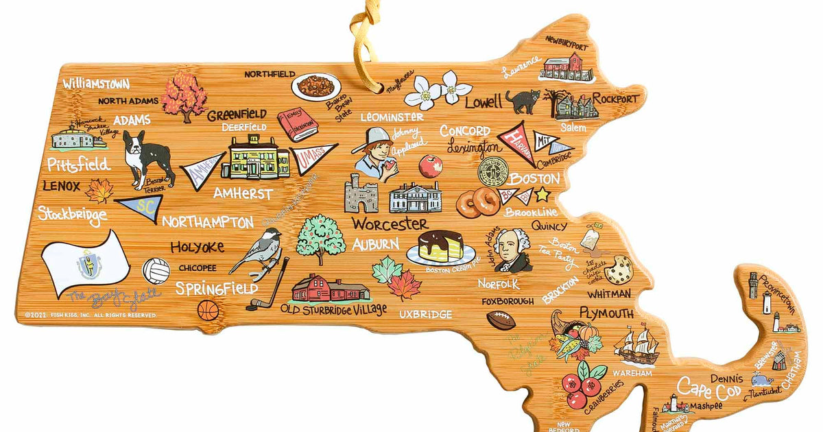 Massachusetts State Shaped Cutting Board with Artwork by Fish Kiss ...
